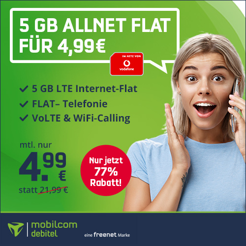md green LTE 5 GB-Tarif mit Allnet & SMS für 4,99€/Monat