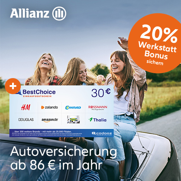 Allianz Kfz-Versicherung ab 86€ im Jahr + 30€ Bonus + bis zu 20% Werkstatt Bonus