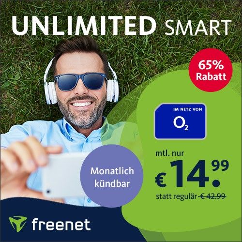 o2 Free Unlimited Smart-Tarif (Allnet, SMS, LTE-Flatrate) für 14,99€/Monat