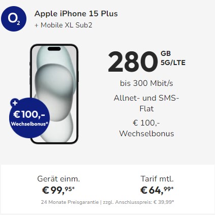 Apple iPhone 15 Plus + 280GB LTE + Alles-Flat im o2-Netz| MonsterDealz.de