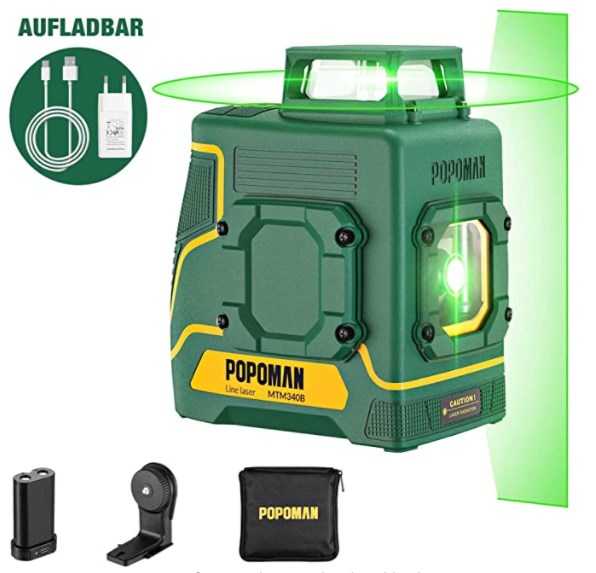 Kreuzlinienlaser Grün 30m, POPOMAN 1x360° Linienlaser, USB ...
